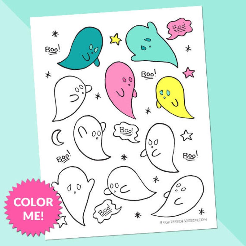 Halloween Coloring Page - Cute Ghosts - Kawaii Spooky Kids Coloring ...