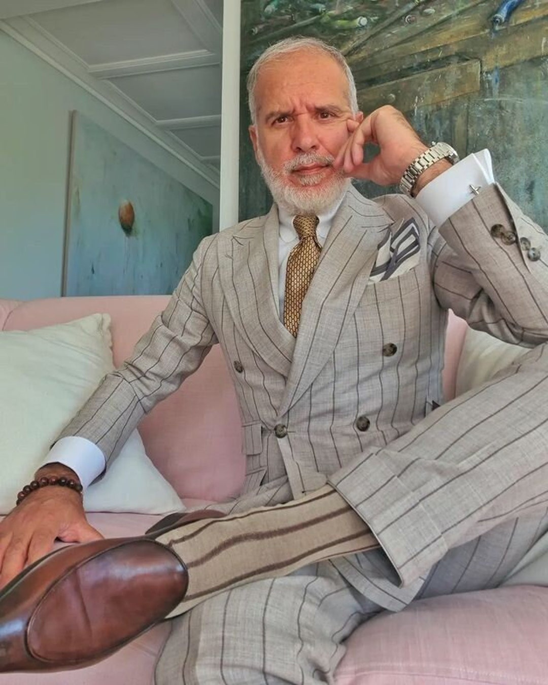 New Beige Cotton Socks Over the Calf Shadow Stripe Pattern Gift for Dad ...