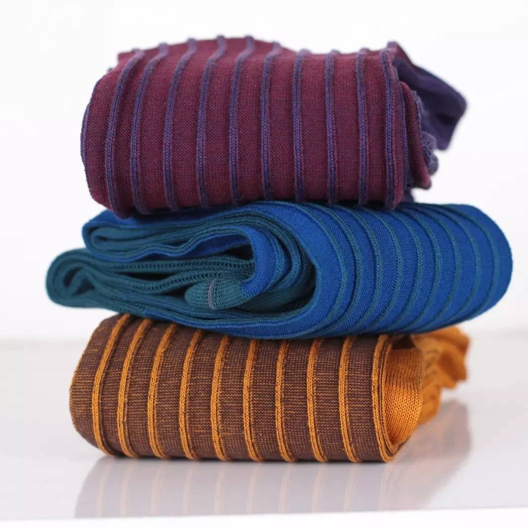 Mens Dress Socks | 3 Pairs | Reversible Shadow Stripe | Over the Calf ...