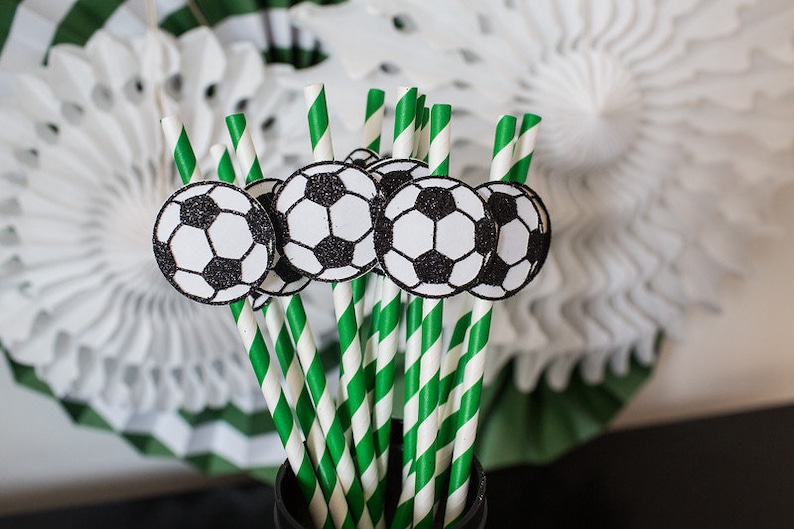 Soccer Party Straws, Green and White Striped, Soccer Ball Decorations ...