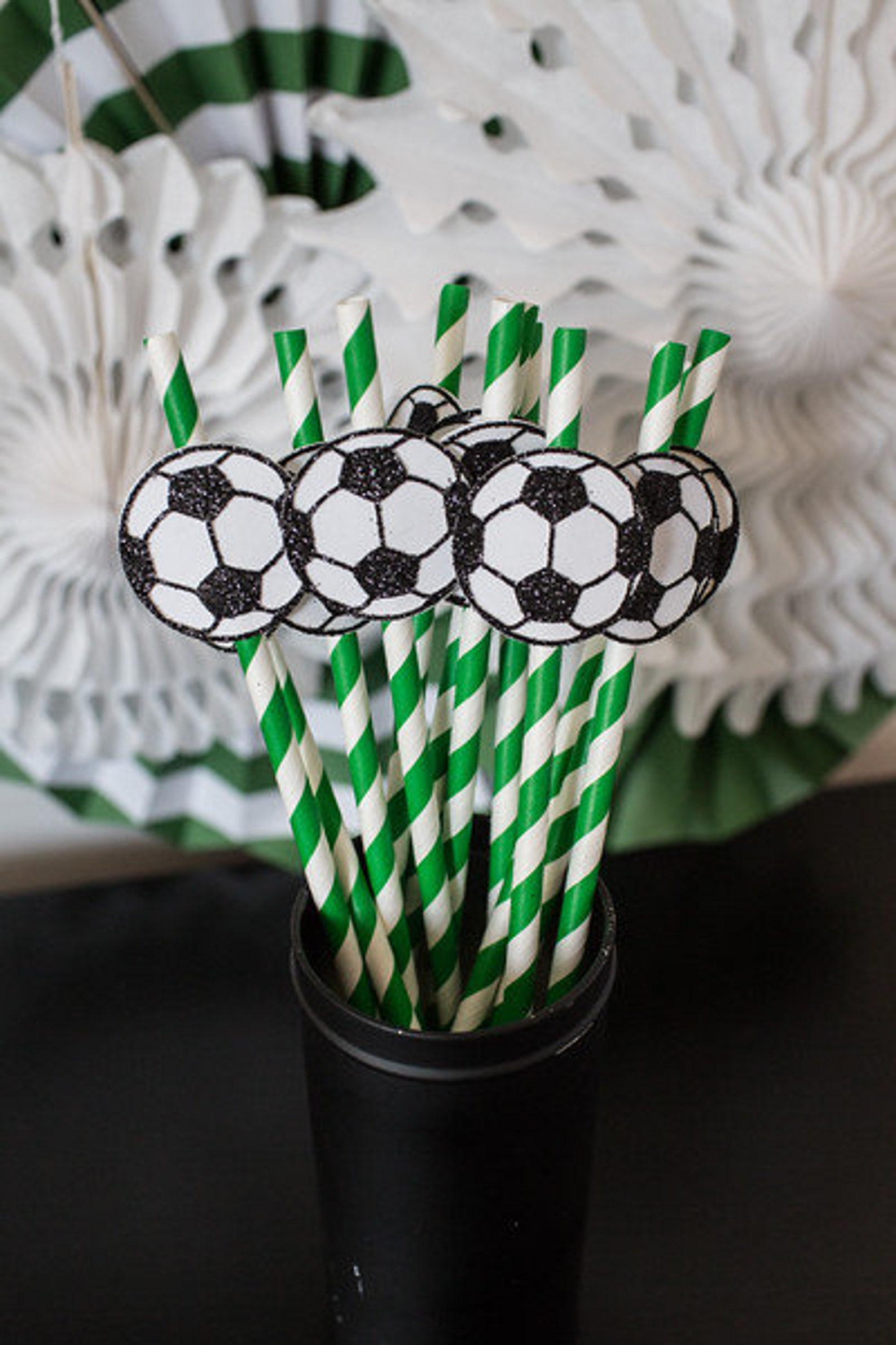 Soccer Party Straws, Green and White Striped, Soccer Ball Decorations ...