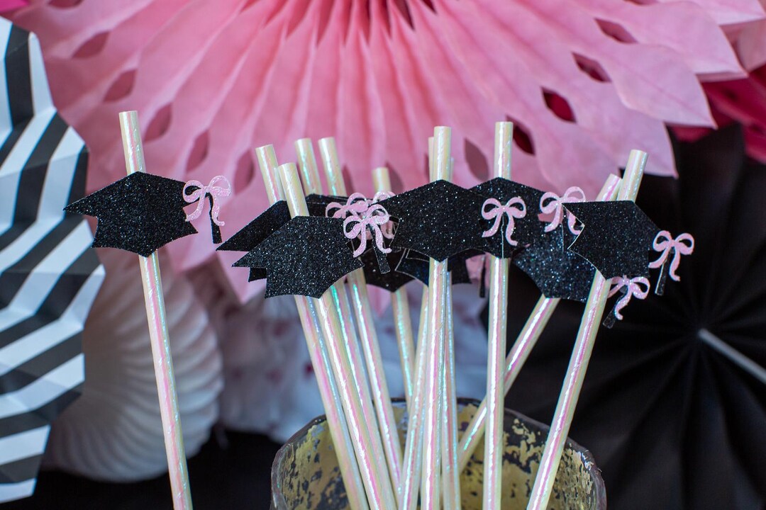 Pink Graduation Decorations. Grad Caps With Bows. Straws. 12 Count. - Etsy