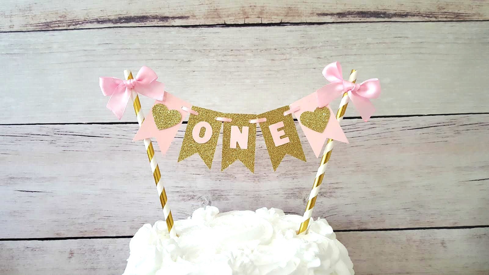 Paper & Party Supplies Pink and Gold Birthday Gold Pink Bow Cake Topper ...