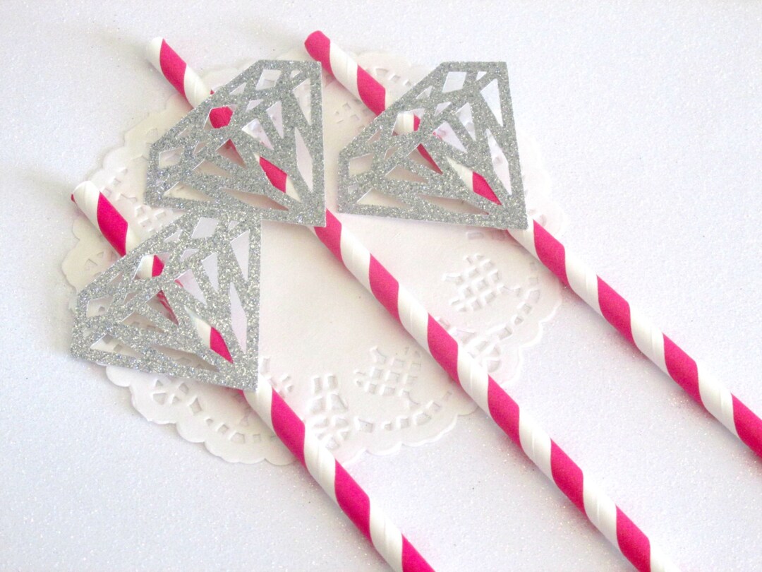 12 Hot Pink Diamond Straws, Bachelorette Straws, Hot Pink Silver ...