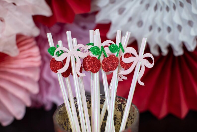Cherry Glitter Straws With Bows, Bridal/baby Shower Decorations (12 Ct ...