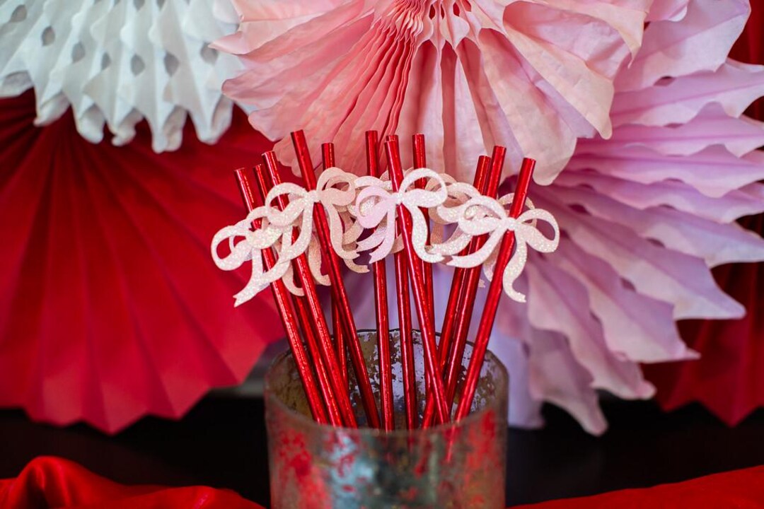 Red Paper Straws With Pink Glitter Bows, Coquette Party Decor (12 Ct ...