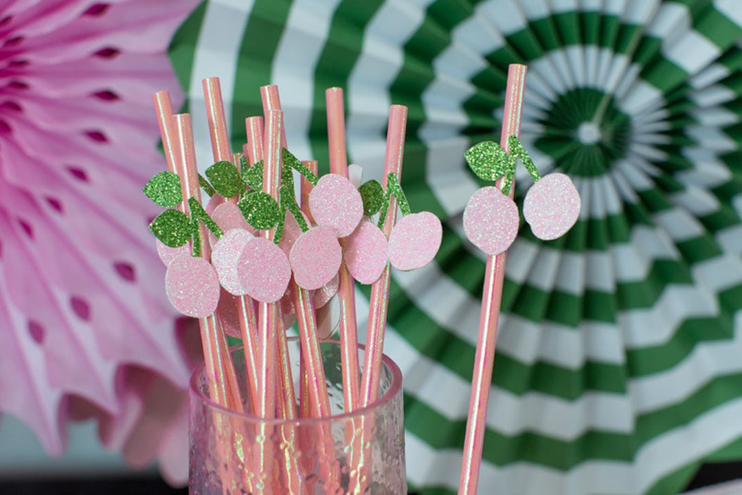 Pink Glitter Cherry Straws, Pastel Party Decorations (12 Ct) - Etsy