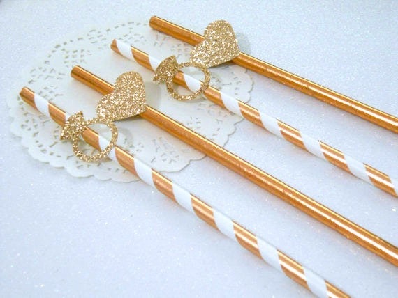 12 Rose Gold Foil Straws Rose Gold Engagement Ring Straws Bridal