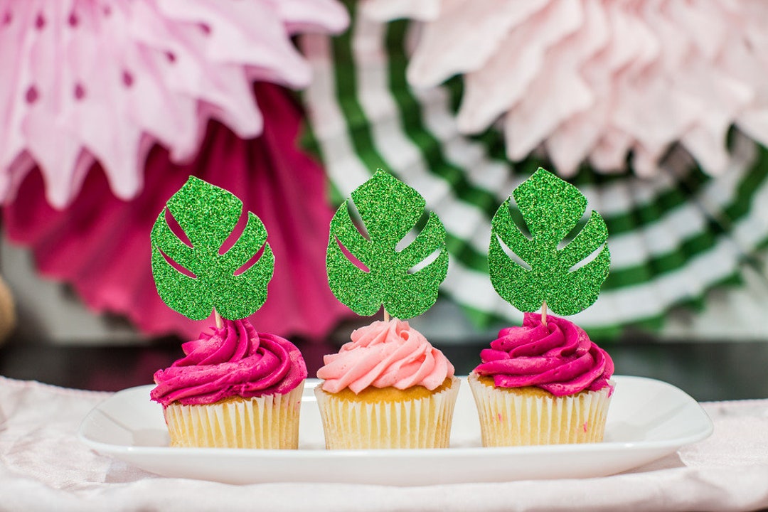 Tropical Cupcake Toppers, Palm Leaf Cupcake Toppers, Monstera Leaf ...