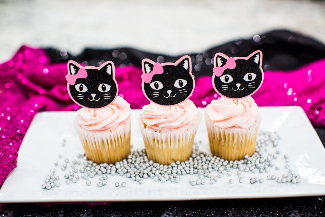 Black Kitty Cat Cupcake Toppers. Pink Halloween Decorations. - Etsy