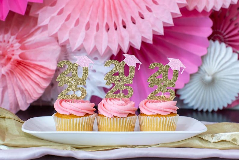 Pink & Gold Glitter Graduation Cupcake Toppers, Class of 2026 - Etsy