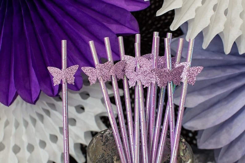 Lavender Glitter Butterfly Paper Straws, Party Decorations (12 Ct) - Etsy