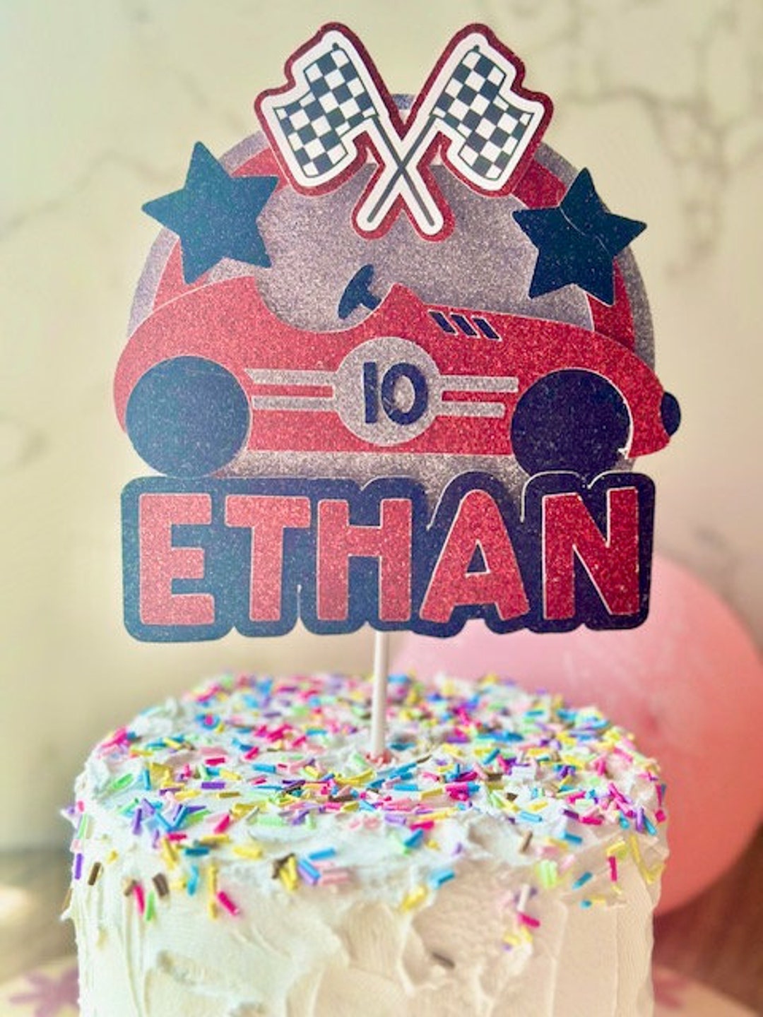 Race Car Cake Topper, Glitter Race Car Topper, Race Track Party Cake ...