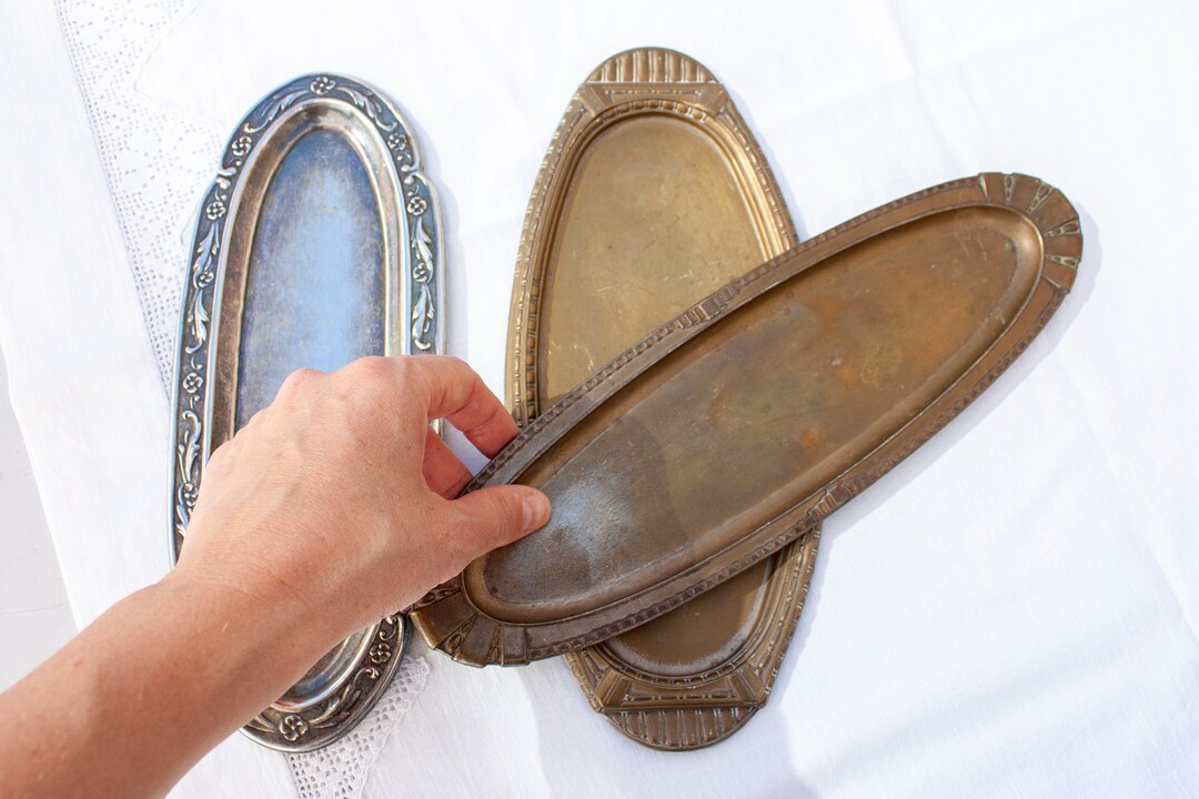 1 of 2 Vintage Calling Card Small Oval Trays / Silver Plated Brass ...