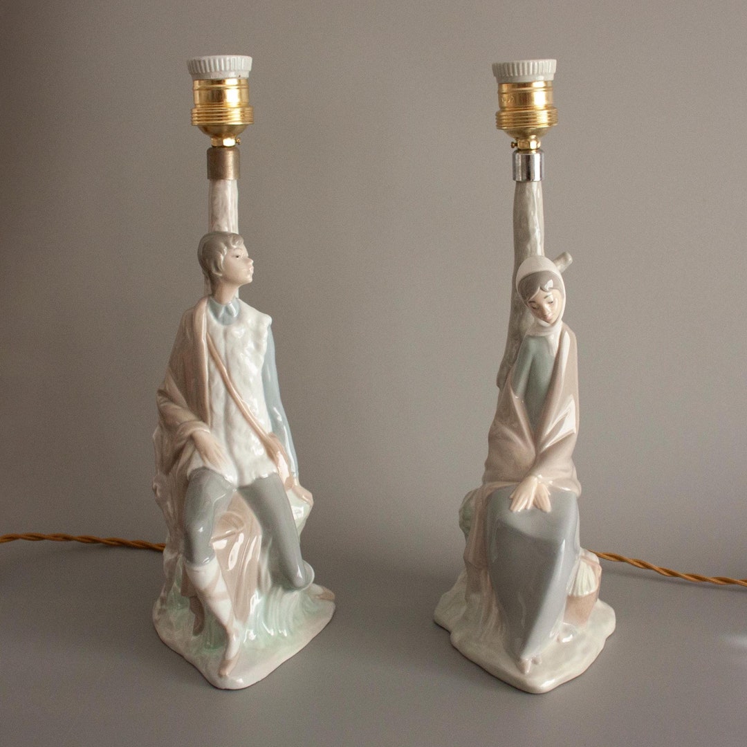 PAIR of NAO LLADRO Art Porcelain Lamps Shepherd & Shepherdess Figurines ...