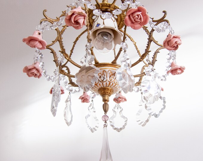 Vintage Porcelain and Cast Bronze Chandelier With Sculpted Roses and ...