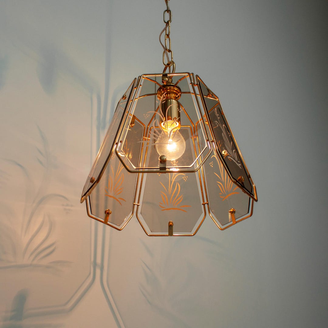 Vintage Very 1980s Pendant Light With 6 Smoked Glass Panels and Shiny ...