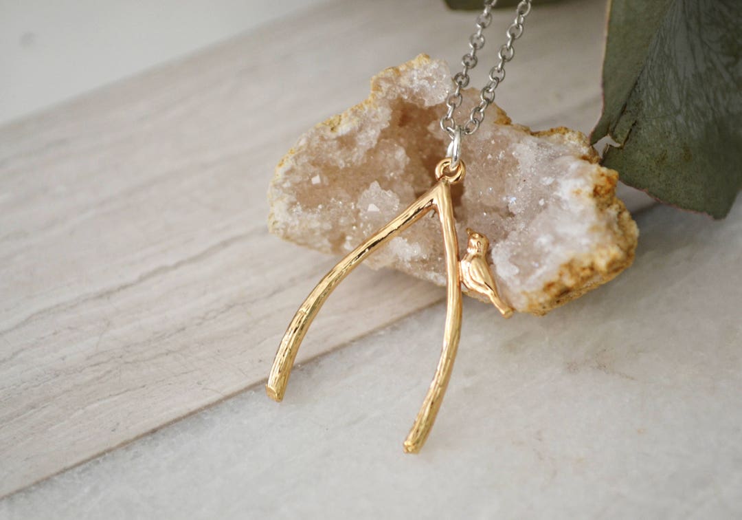 Large Wishbone With Bird Pendant Gold Wishbone Necklace Long Wishbone ...