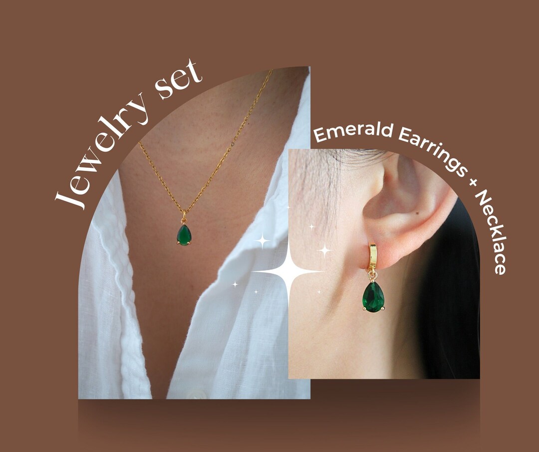 Emerald Jewelry Set Emerald Tear Drop Earrings Emerald Gold Necklace ...