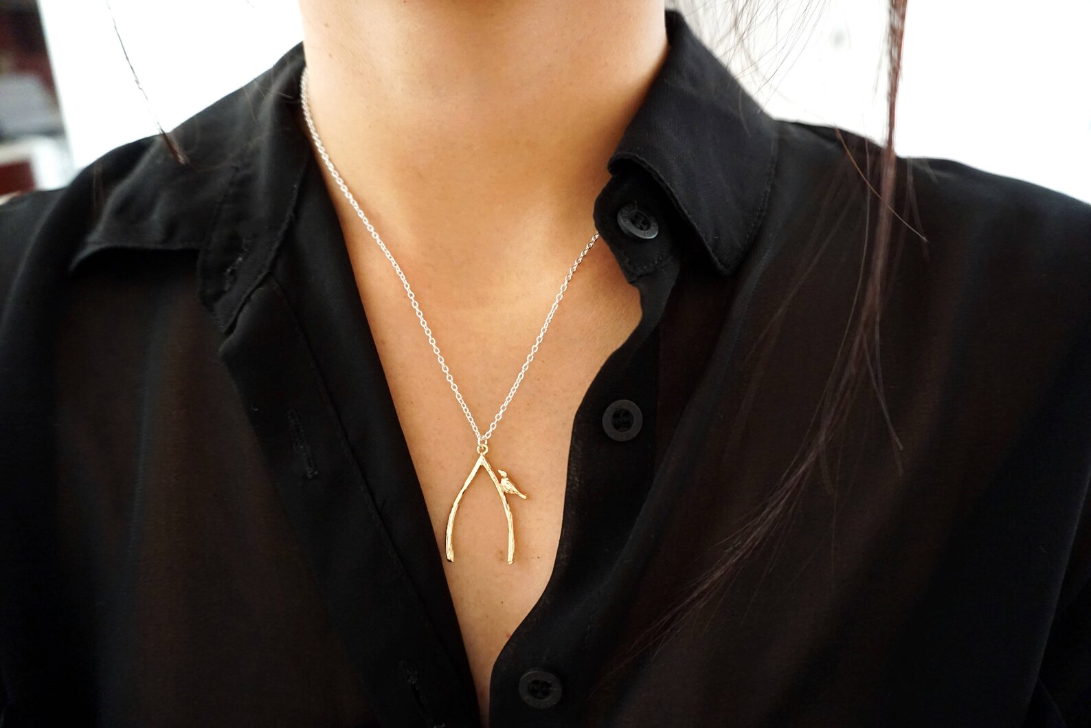 Large Wishbone With Bird Pendant Gold Wishbone Necklace - Etsy