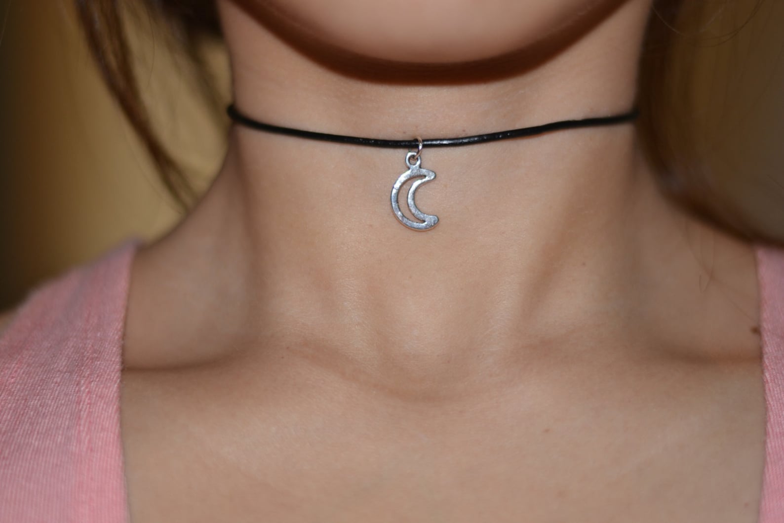 MOON Choker Necklace Black leather Necklace Silver Moon | Etsy