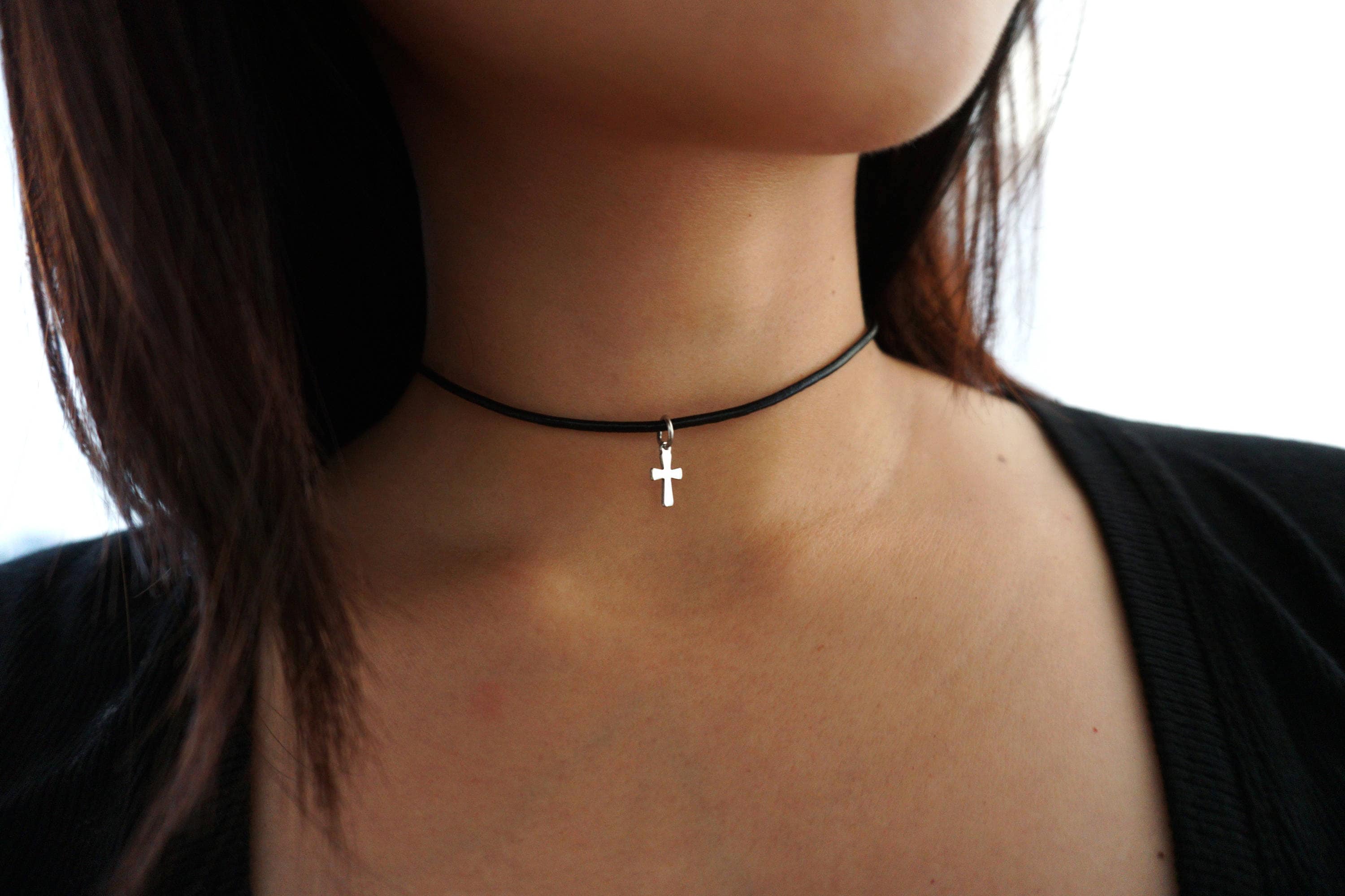 Mini Cross Choker Necklace black Leather Choker Minimal | Etsy