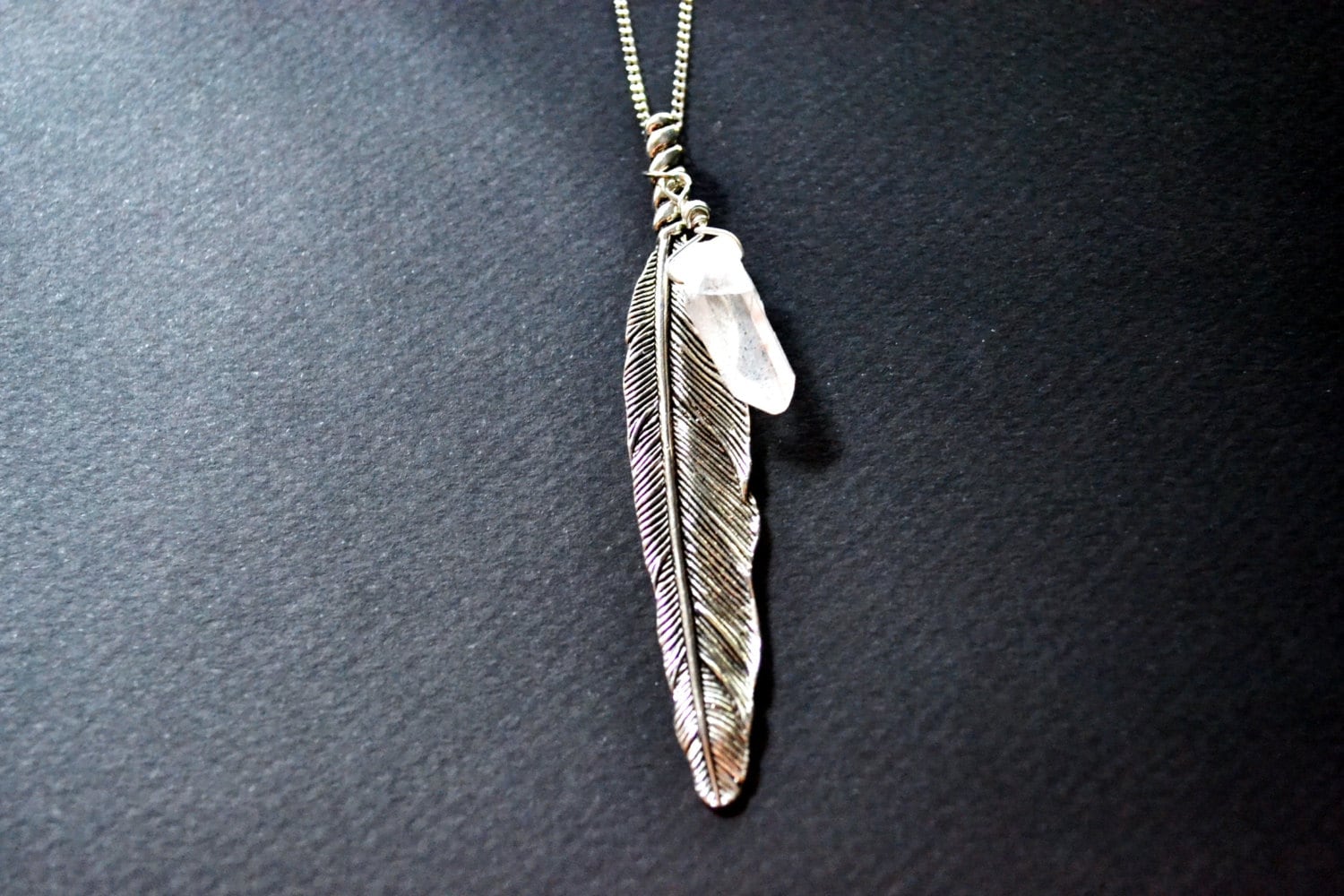 Large Silver Feather with Crystal Quartz Lucky Feather | Etsy