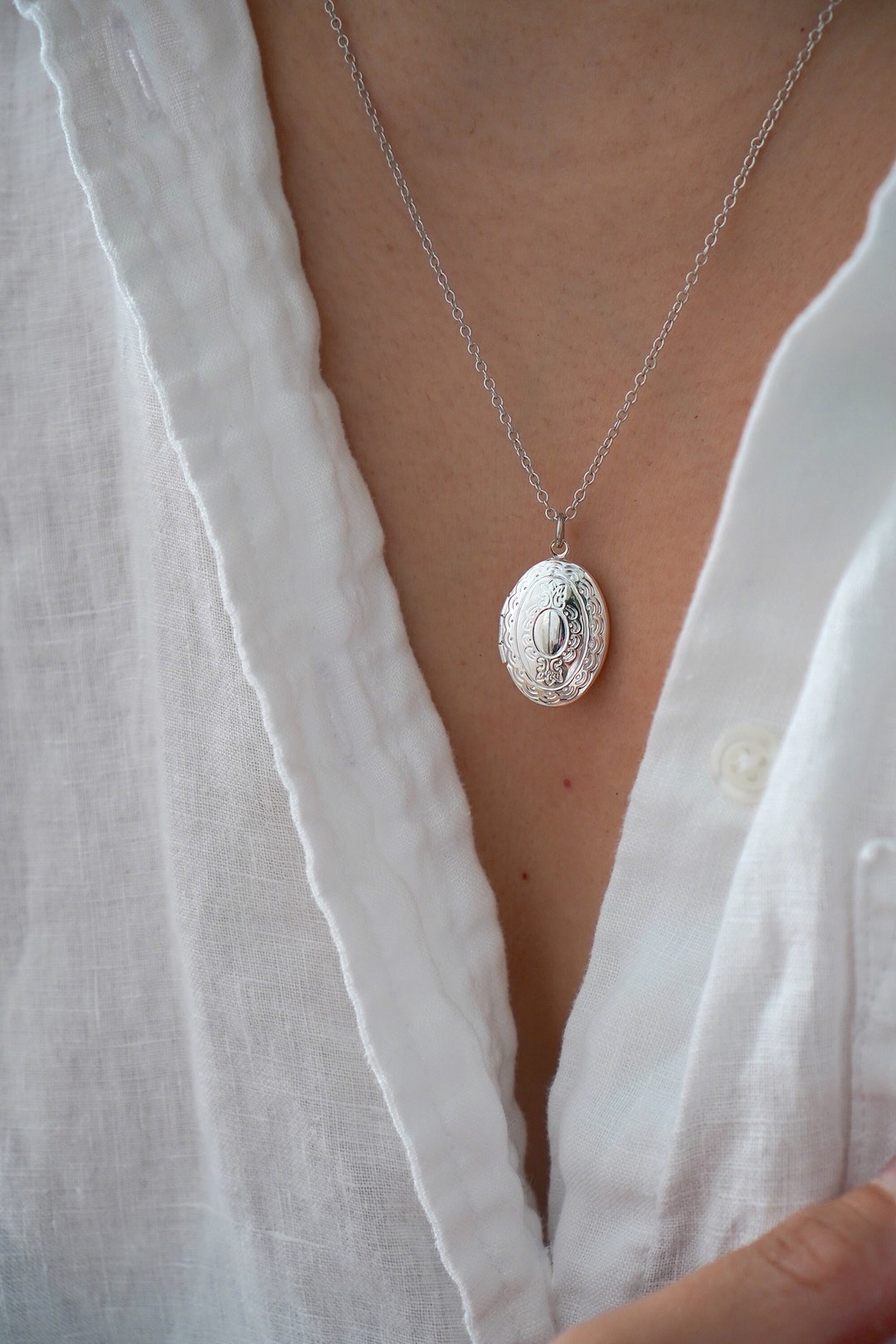 Oval Silver Locket Necklace - Locket Necklaces for Women - Boho Jewelry ...