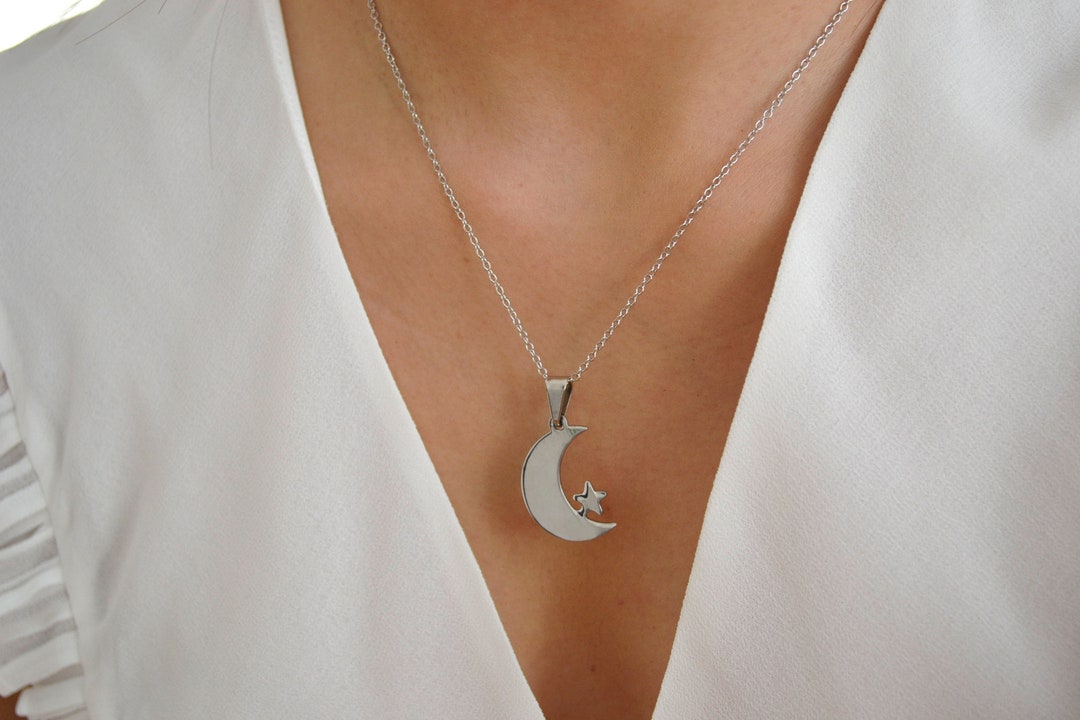 Silver Moon Necklace - Half Moon With Star Pendant - Long Necklaces ...