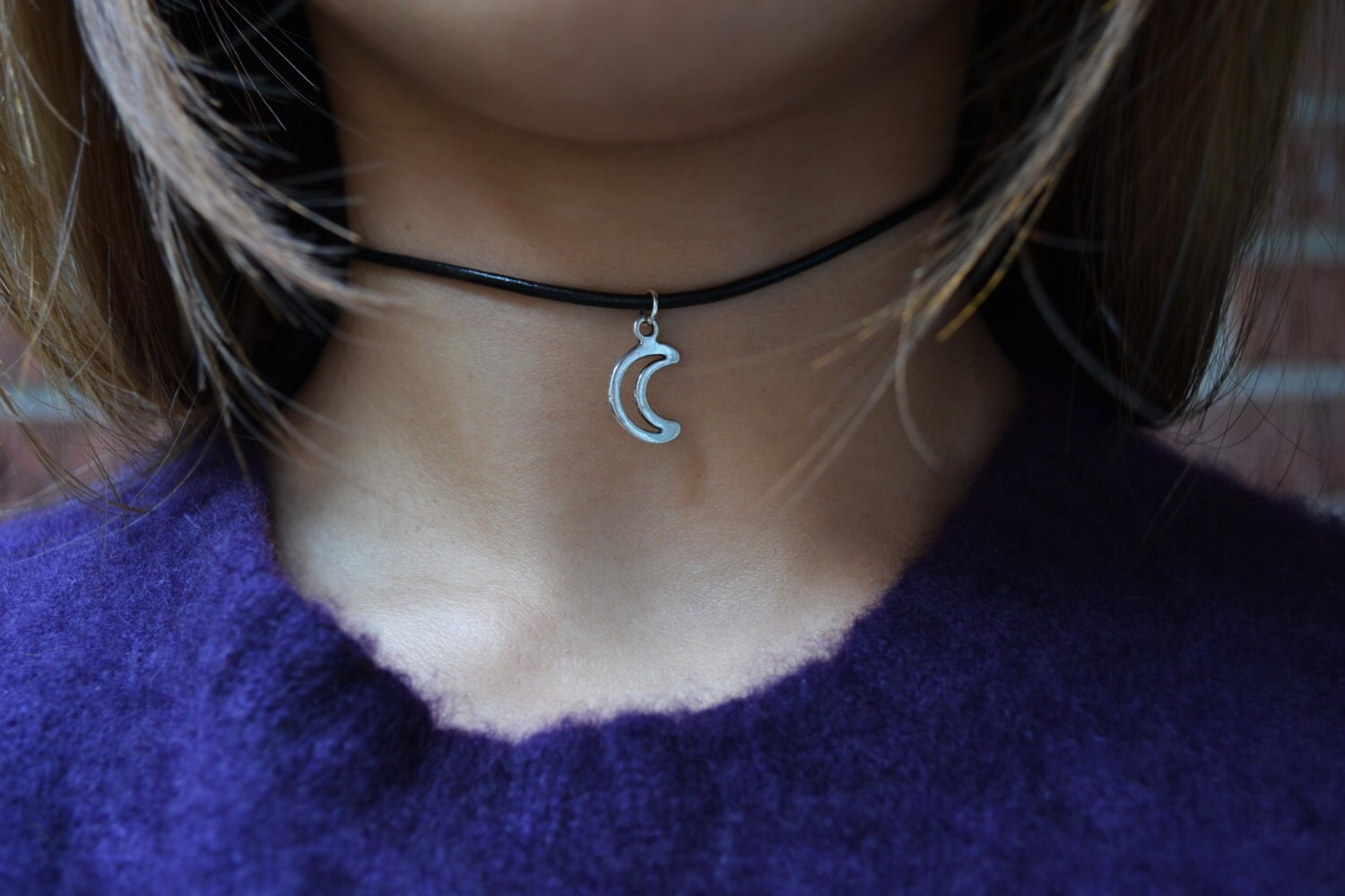 MOON Choker Necklace Black leather Necklace Silver Moon | Etsy