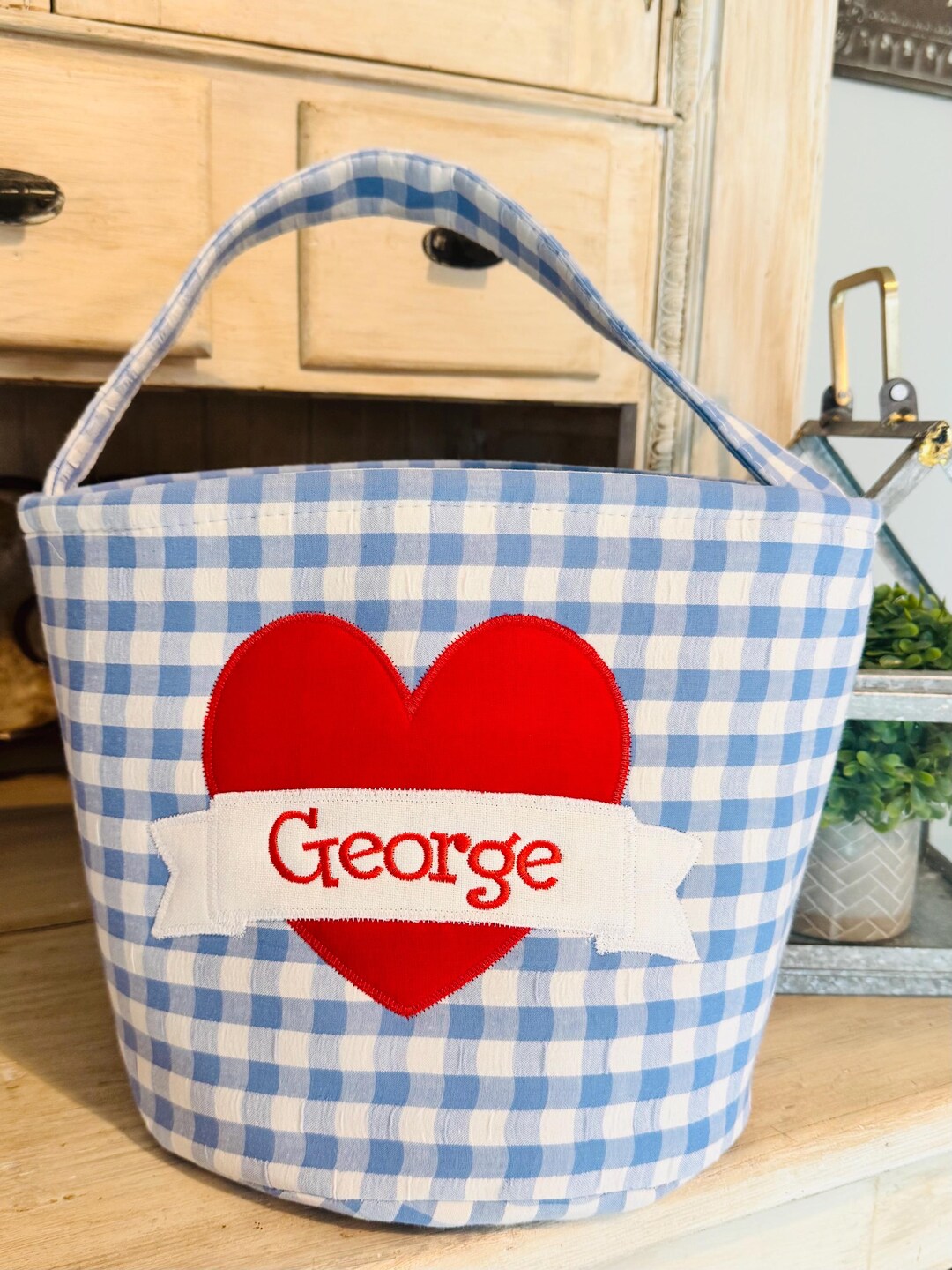 Personalized Valentine Basket: Appliqué Heart Canvas Tote - Etsy