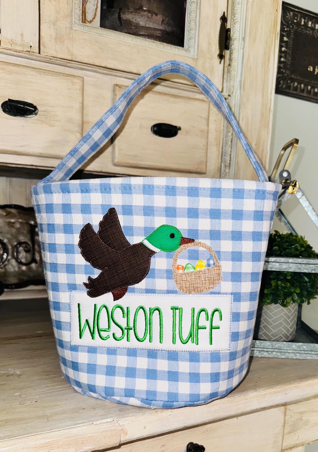 Handmade Easter Bag: Mallard Duck, Gingham Canvas Egg Hunt Tote - Etsy