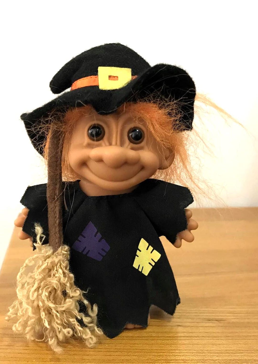 Vintage TROLL DOLL Figure! Witch Outfit Clothes Broom Hat ~ Orange Hair ...