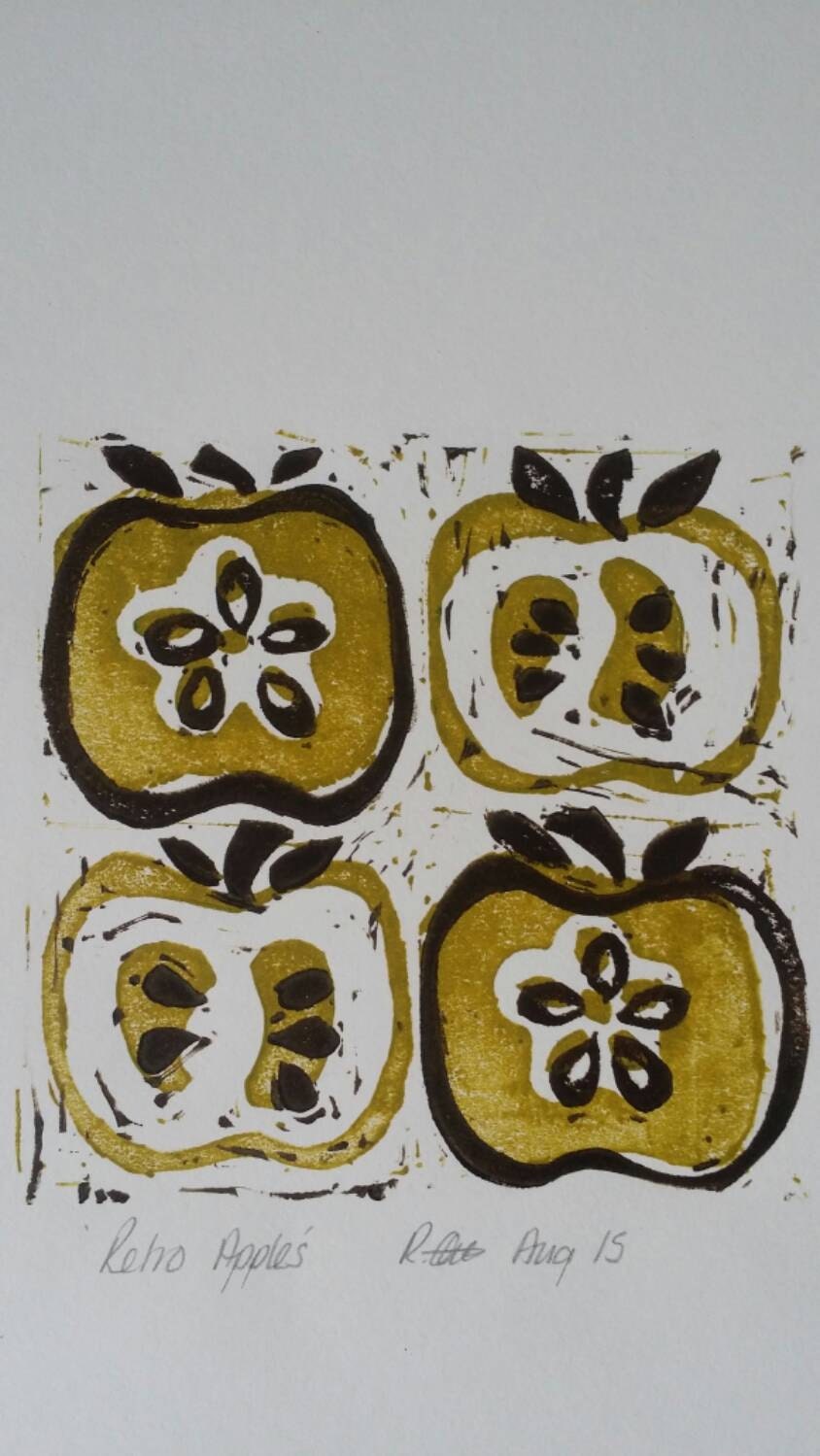 Hand Printed Lino Cut retro Apples in Olive Green - Etsy