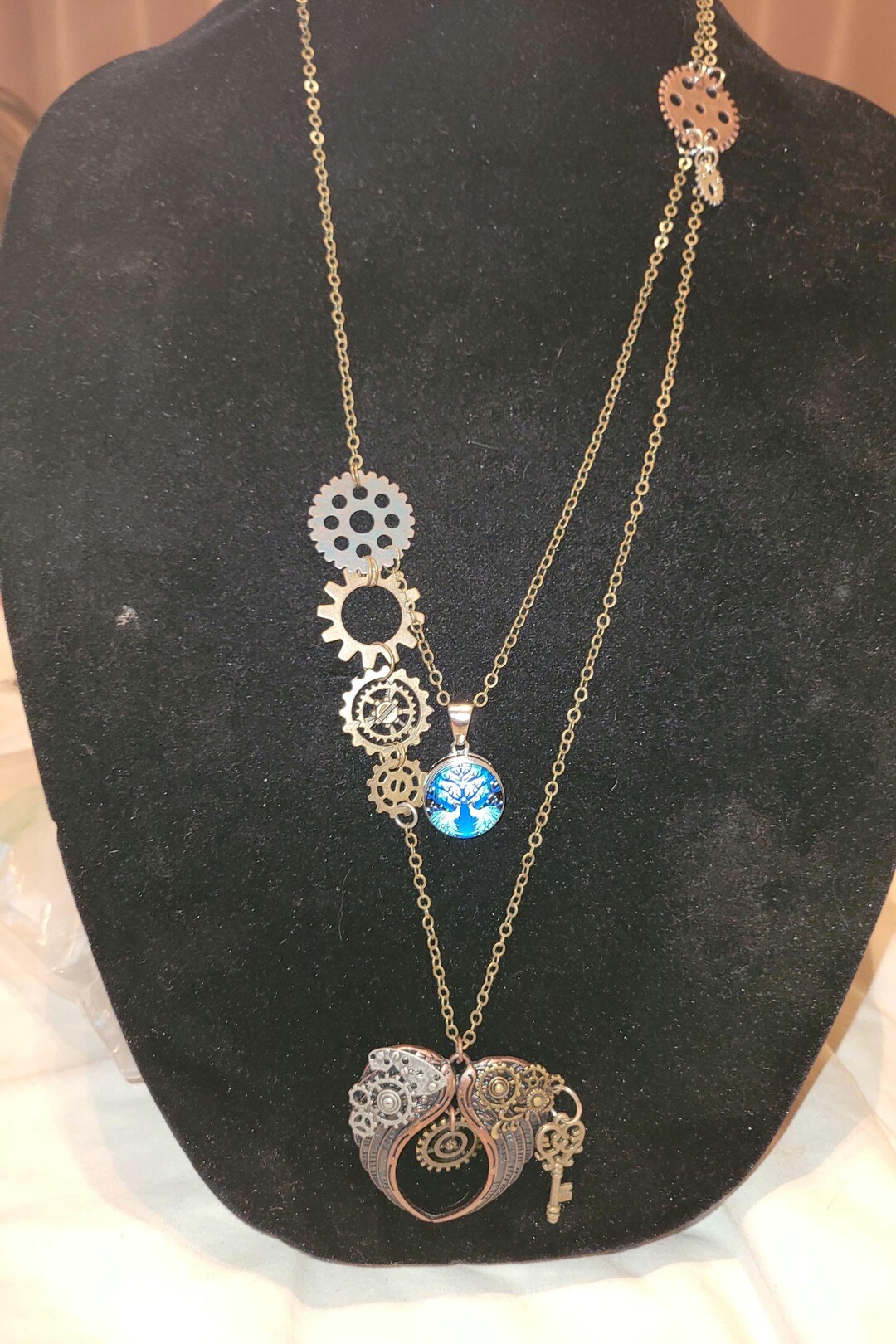 Unique Steampunk Wings in Gears and Cogs Necklace With a Beautiful Blue ...