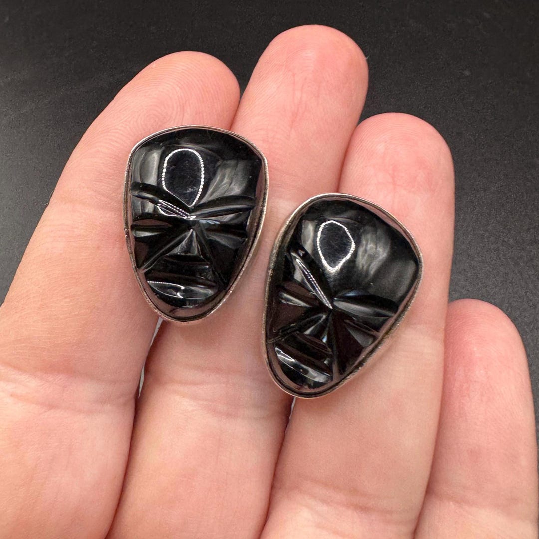 Vintage Taxco Onyx Mask Sterling Silver Screw Back Earrings - Etsy