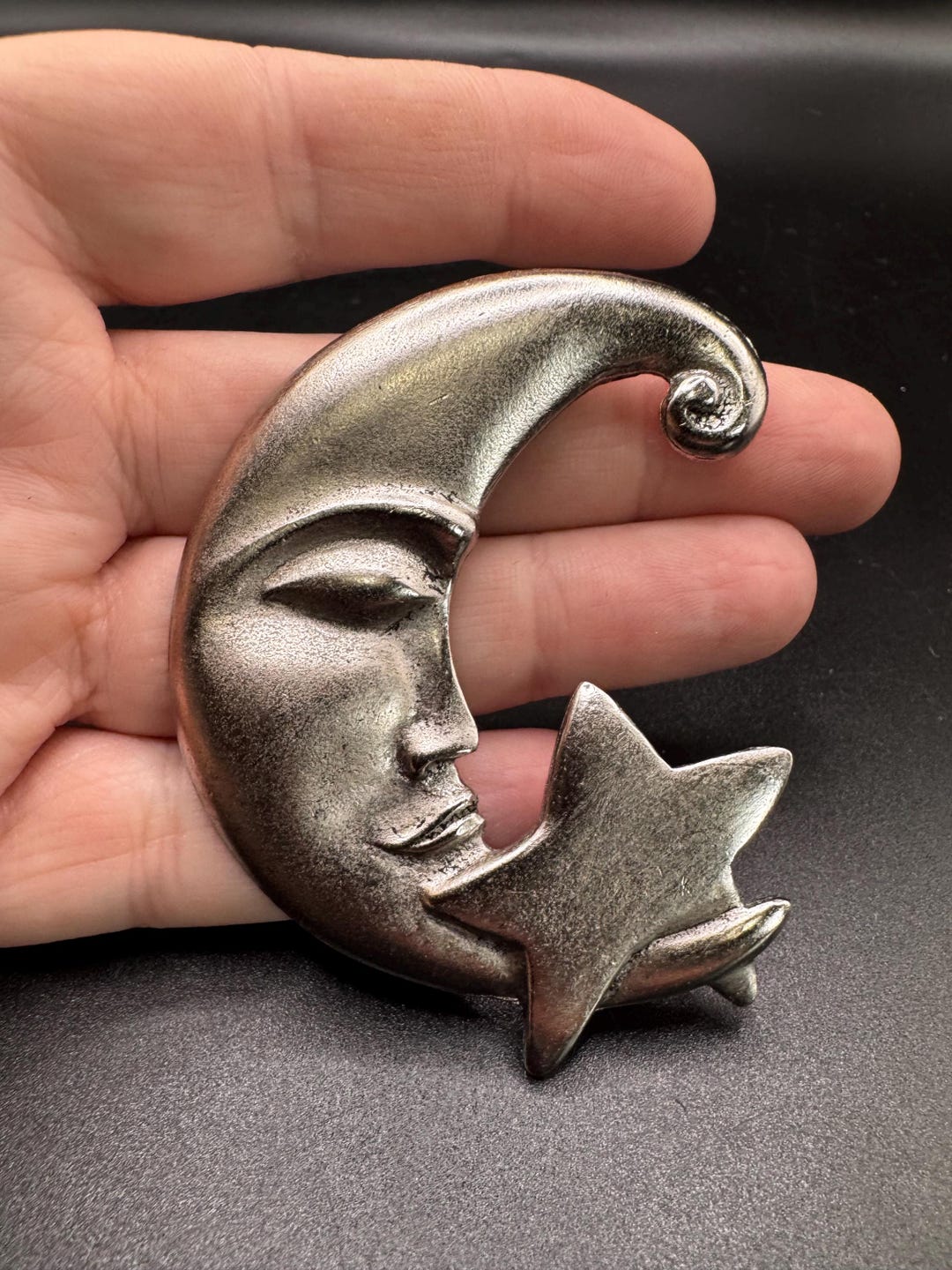 Vintage 1980’s Crescent Moon Sleeping Star Large Brooch Brushed Silver ...