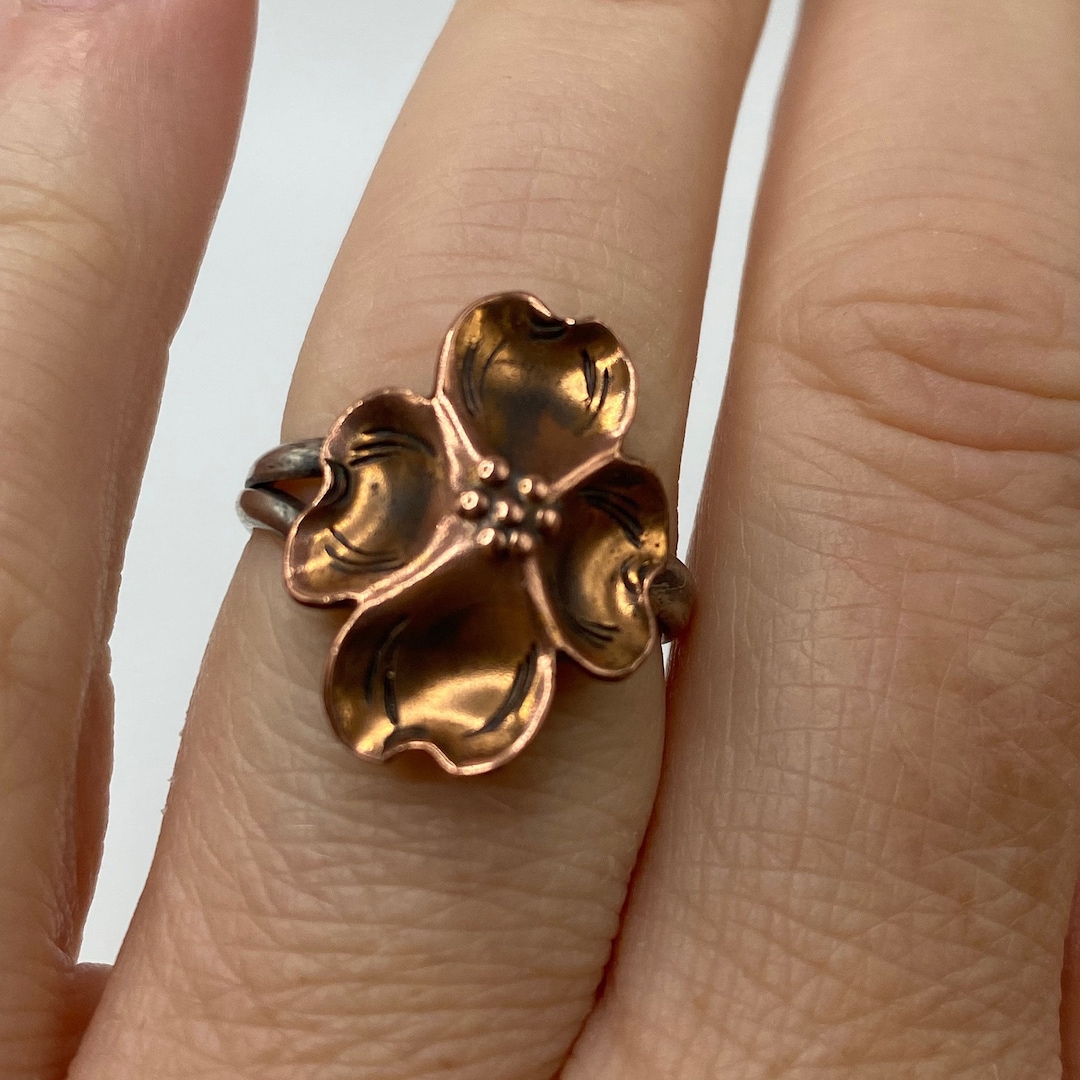 Vintage Stuart NYE Copper and Sterling Dogwood Flower Ring Adjustable ...