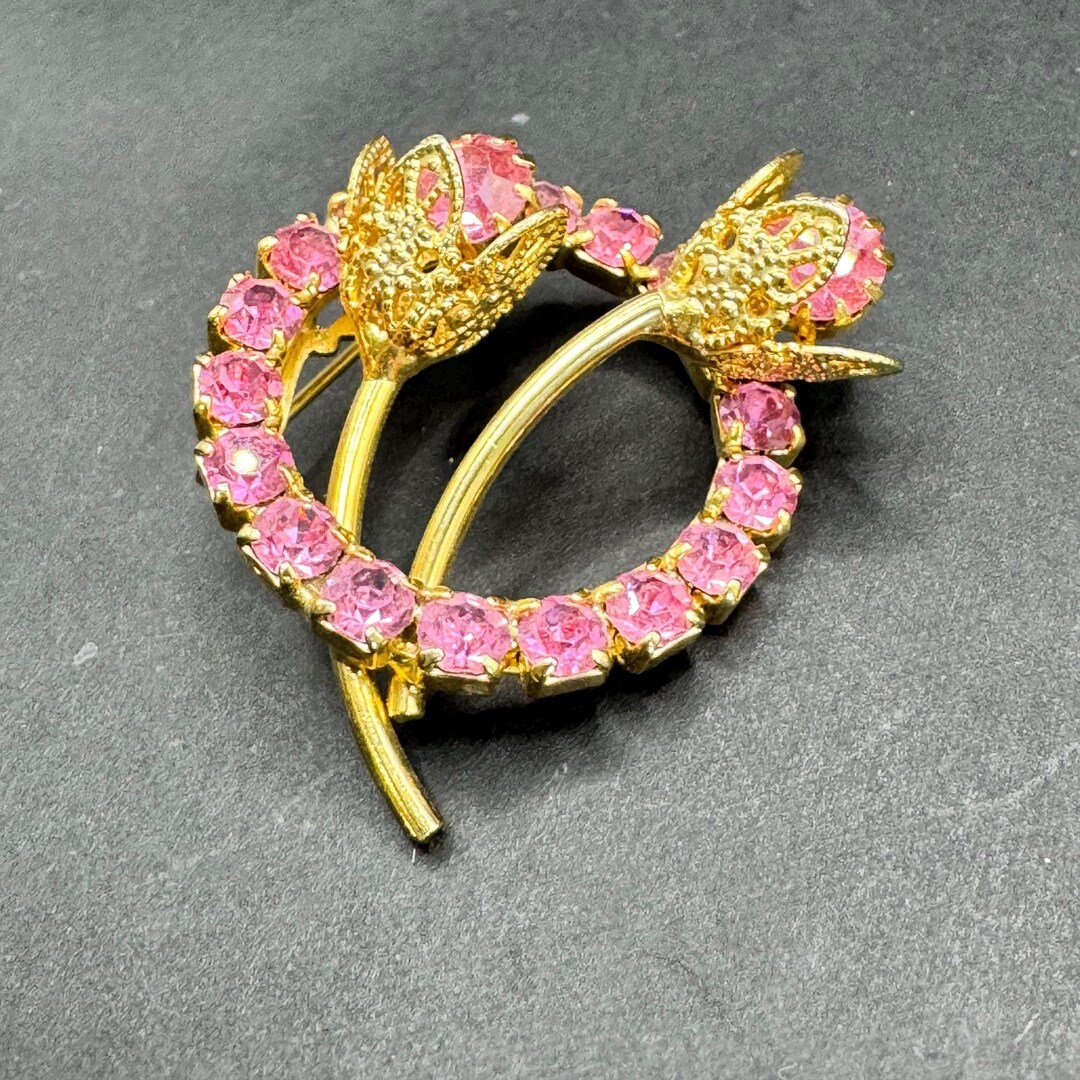 Vintage Pink Rhinestone Flower Circle Brooch - Etsy