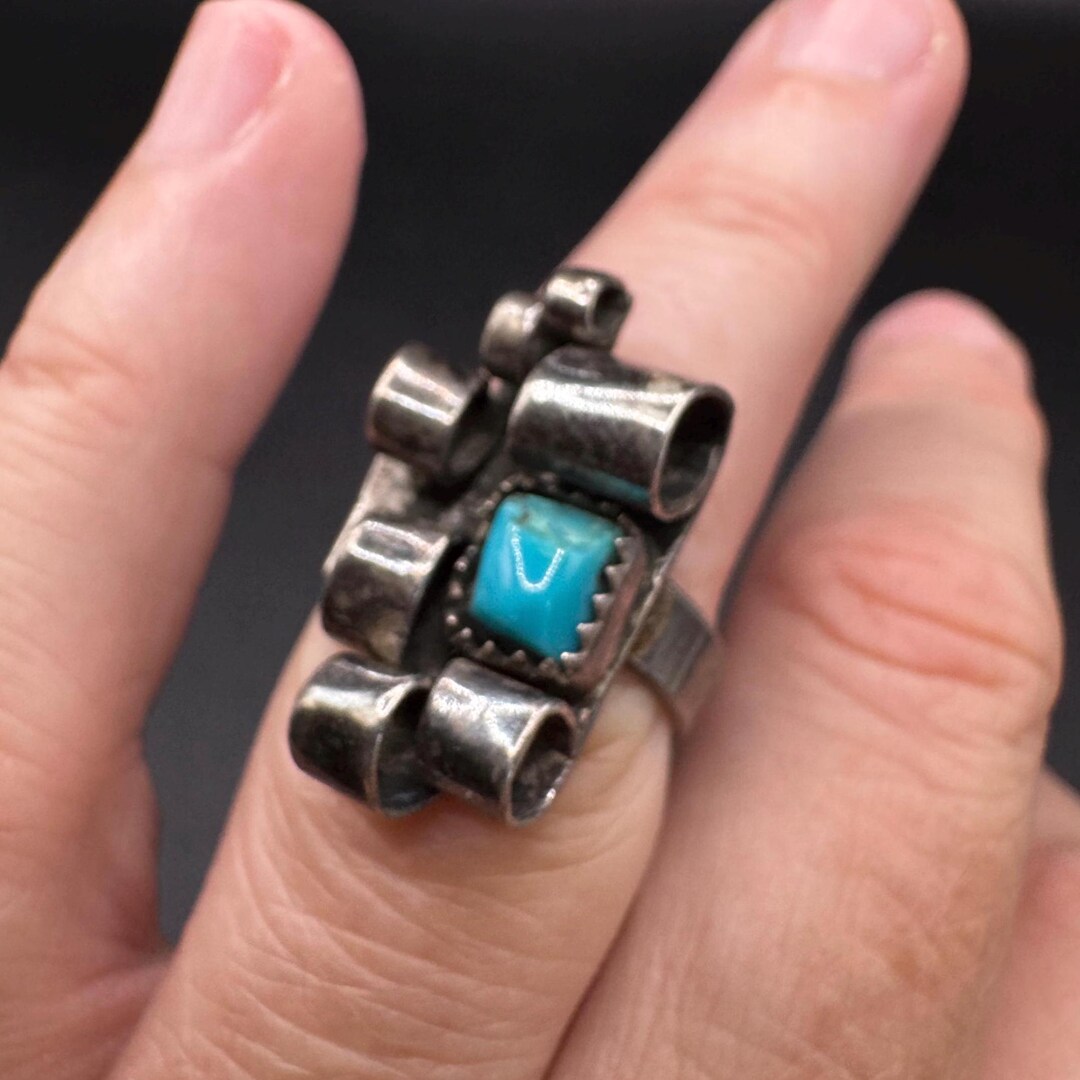 Vintage Turquoise Sterling Silver Brutalist Ring - Etsy