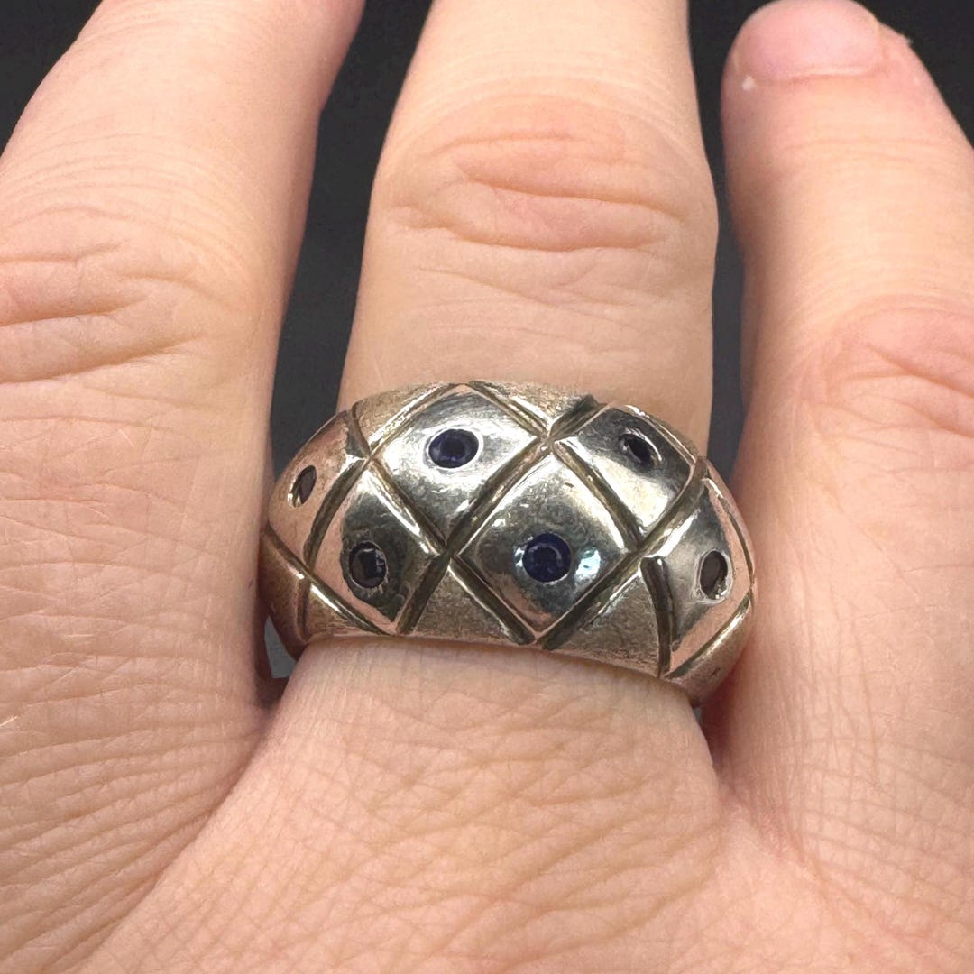 Chunky Wide Sterling Silver Checkered Band Blue CZ Ring - Etsy