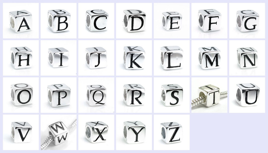 Solid 925 Sterling Silver Letter on Cube Box Block Dice Bead Charm 1PC ...