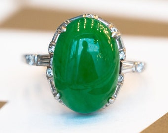 Green Jade Type B and Diamond Ring in Platinum 17 X 12 Mm Jadeite ...