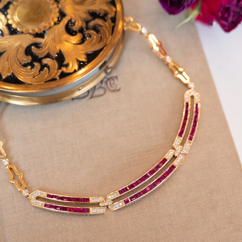 Emerald Cut Ruby & Diamond Necklace in 14k Yellow Gold - Etsy