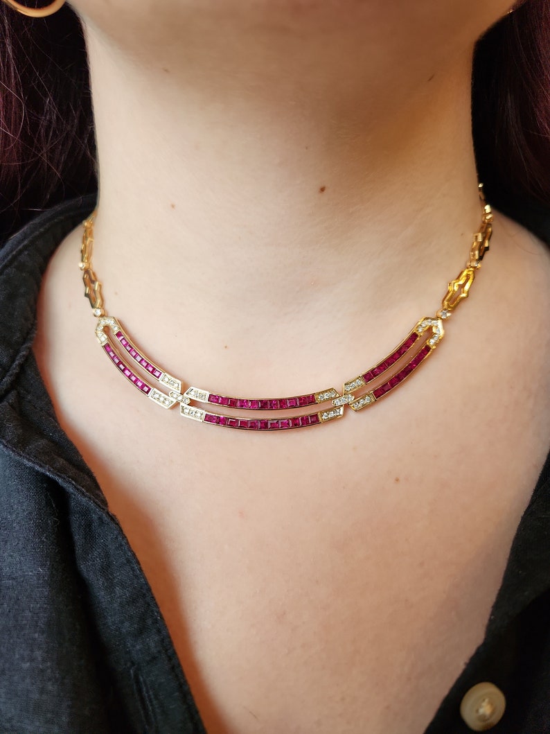 Emerald Cut Ruby & Diamond Necklace in 14k Yellow Gold - Etsy