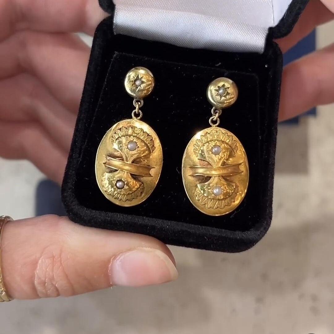 Victorian Pearl Amulet Shield Drop Earrings in 14K Yellow Gold - Etsy