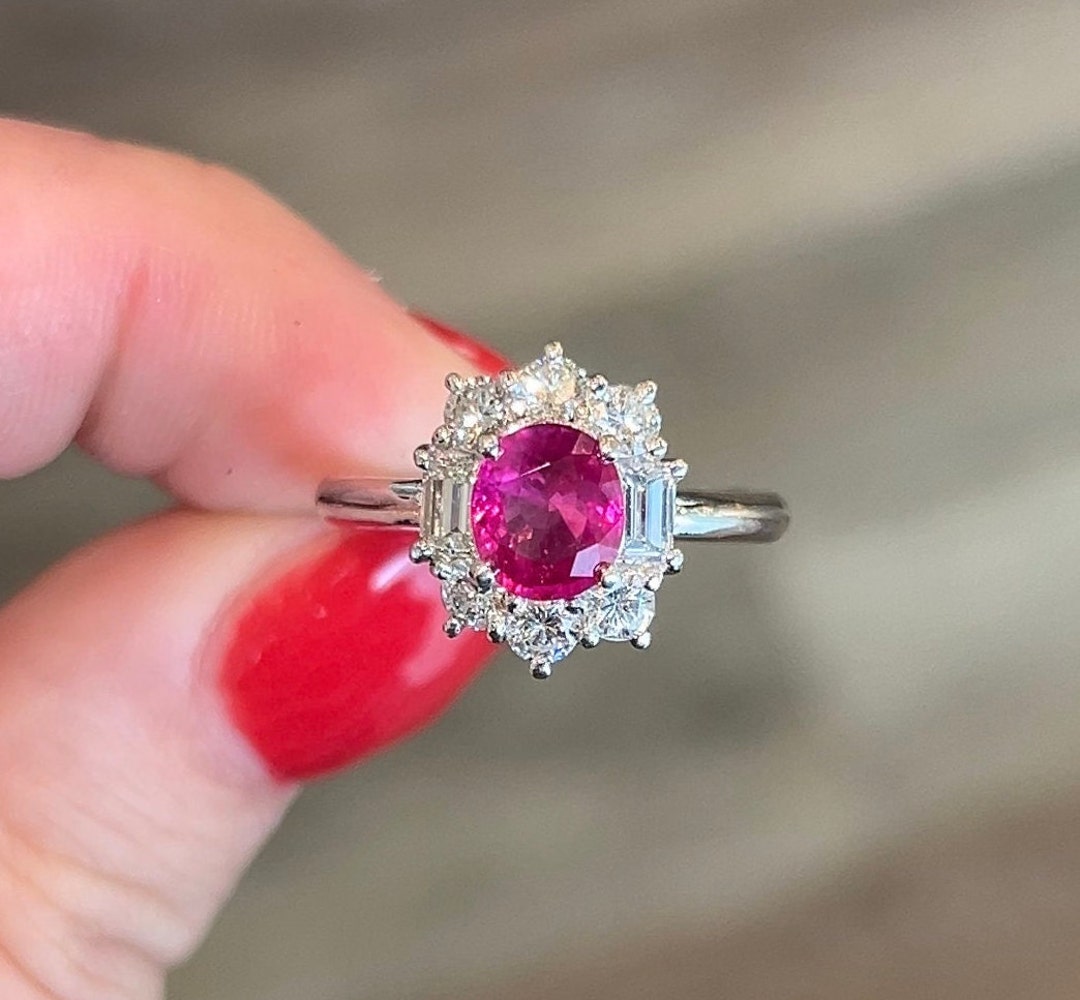 Thai Ruby & Diamond Halo Cocktail Ring in Platinum - Etsy