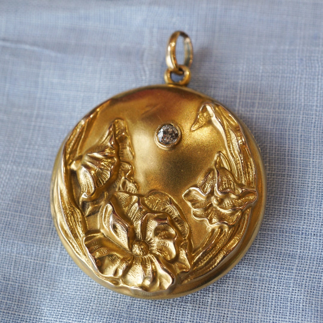 Art Nouveau Diamond Locket in 14k Yellow Gold - Etsy