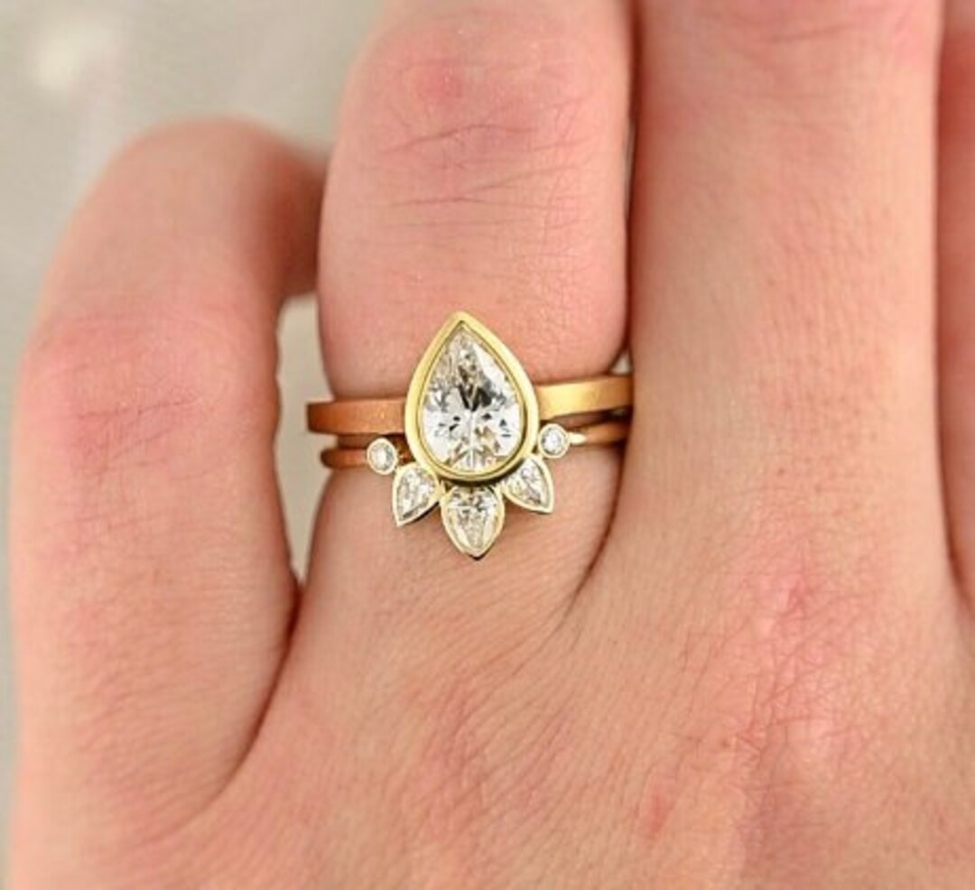 Pear Cut Bezel Set Diamond Engagement Ring in 18k Yellow Gold - Etsy