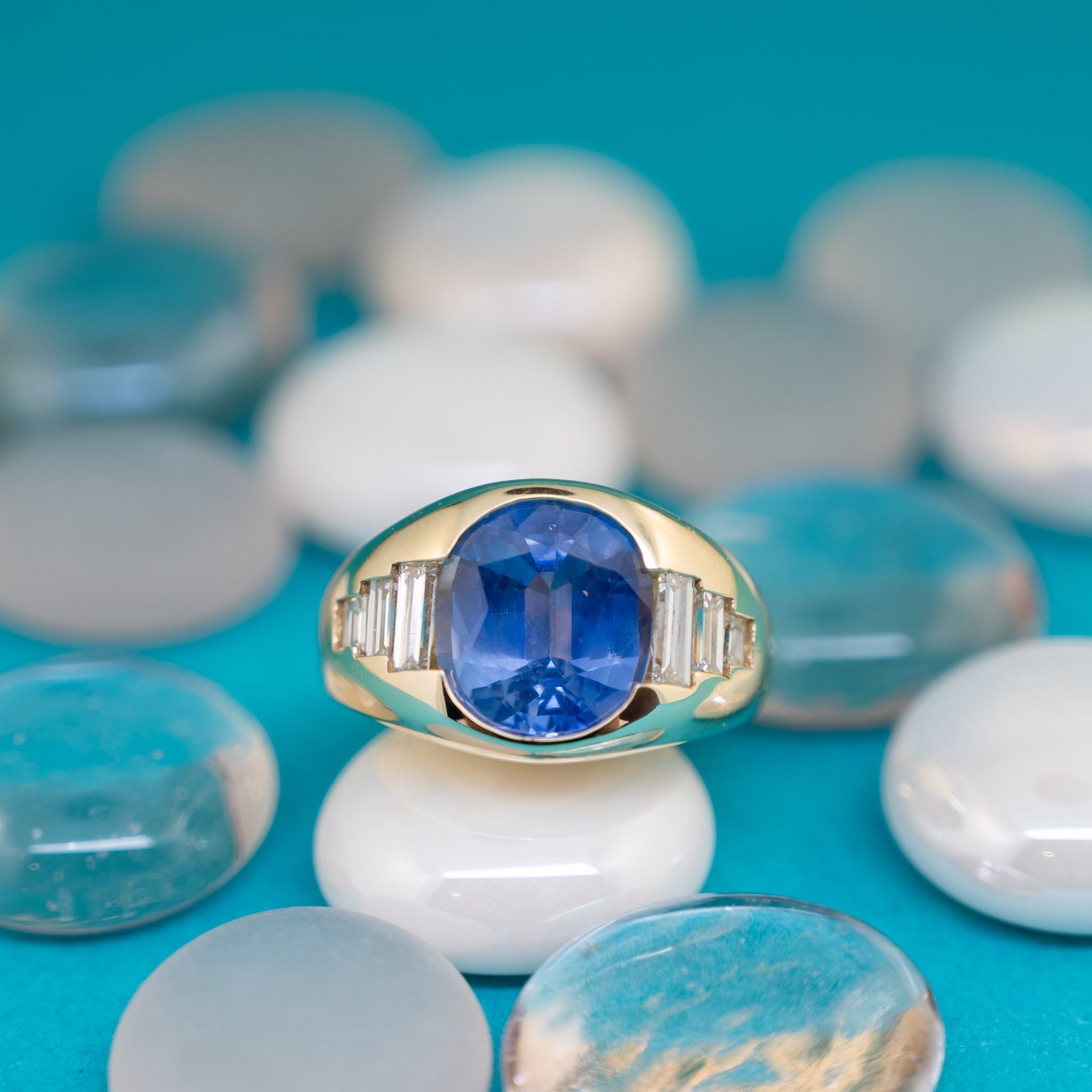 Flush Set Sapphire & Diamond Cocktail Ring in 14k Yellow Gold - Etsy